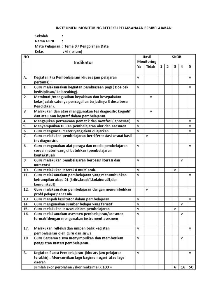 Instrumen Monitoring Refleksi Pelaksanaan Pembelajaran | PDF