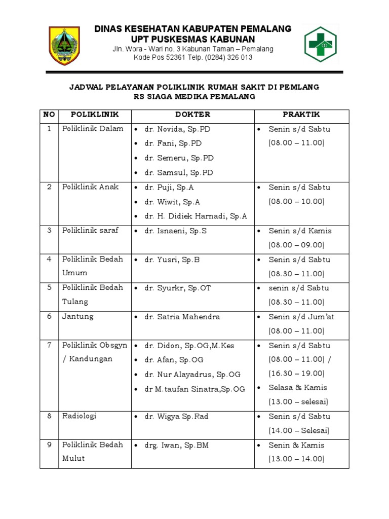 Jadwal Pelayanan Poliklinik Rs Siaga Med Pdf