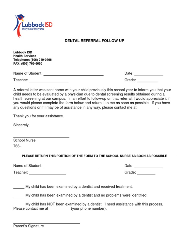 Mass Screening Follow-Up Dental Referral Letter | PDF