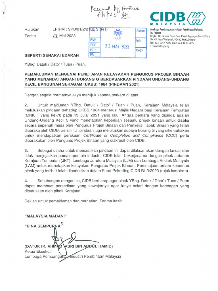 Penetapan Kelayakan Pengurus Projek Binaan Borang G 12.05.2023 | PDF
