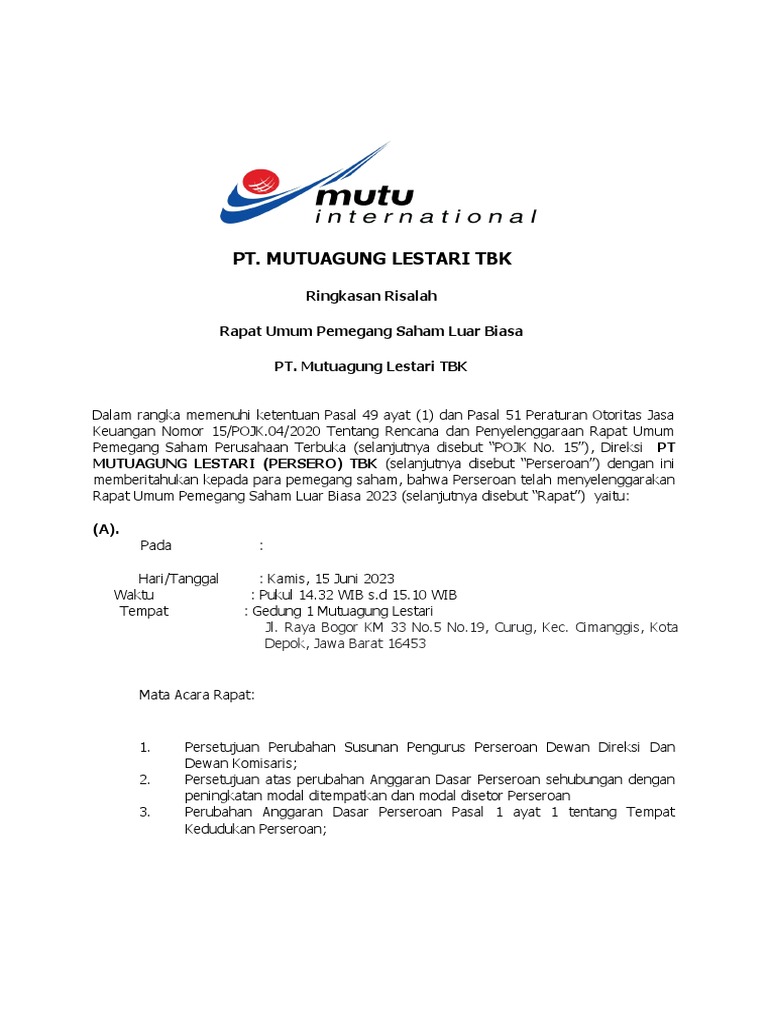 Perubahan Pengurus dan Modal PT Mutuagung | PDF | Bisnis | Pengelolaan ...