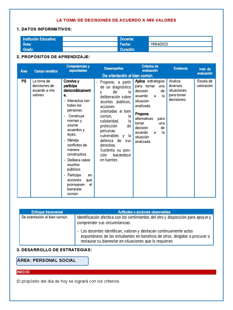 5° PS LA TOMA DE DECISIONES DE ACUERDO A MIS VALORES | PDF | Toma de decisiones | Evaluación