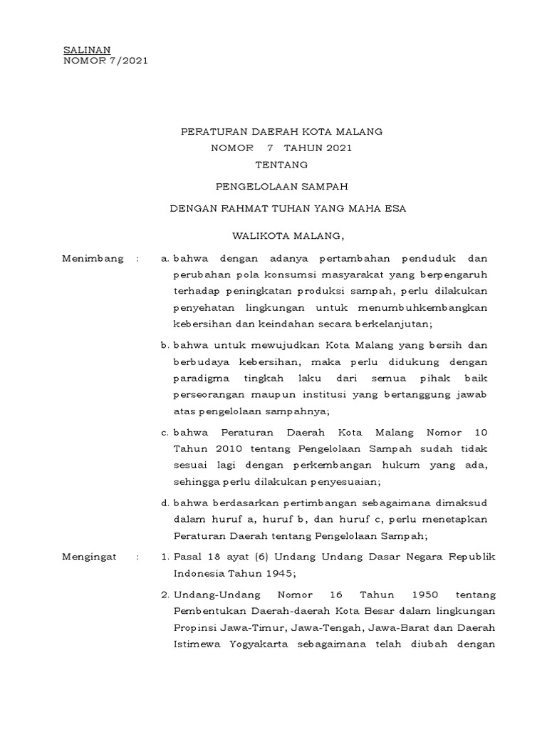 Salinan Perda No 7 Tahun 2021 Tentang Pengelolaan Sampah | PDF