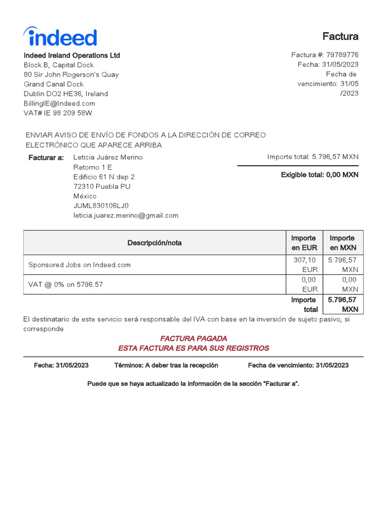 Factura 79789776 de Indeed Ireland | PDF