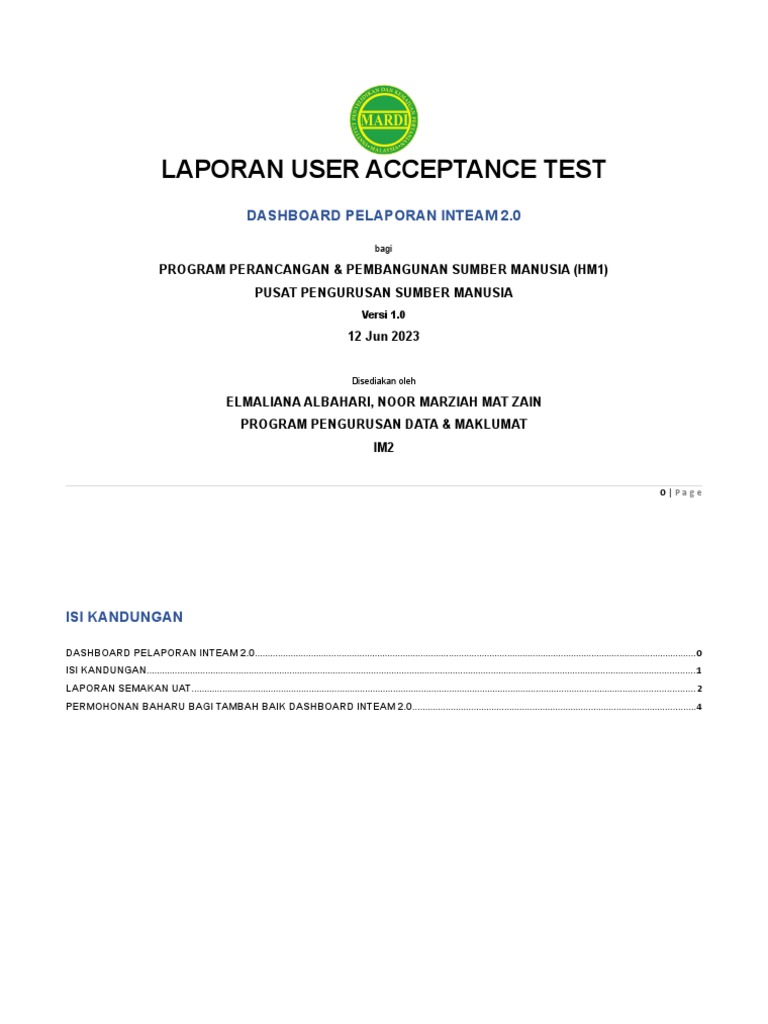 LAPORAN UAT Dashboard Pelaporan Inteam 2.0 HM1 | PDF