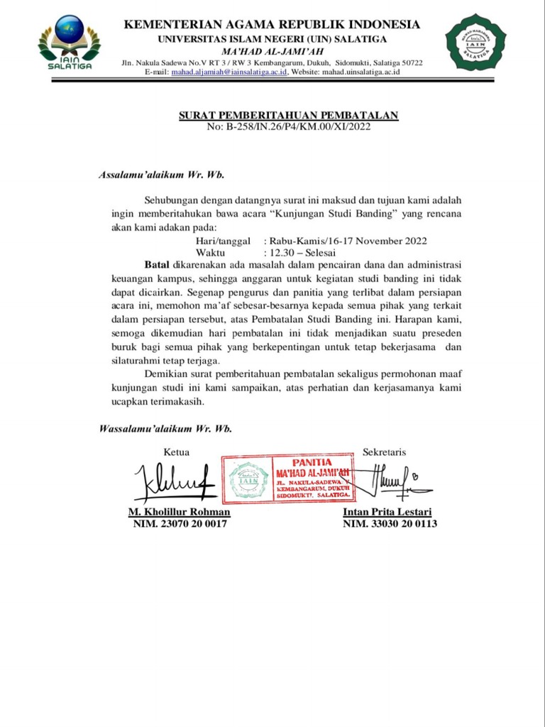 Surat-Pemberitahuan - Pembatalan - Kunjungan Studi | PDF