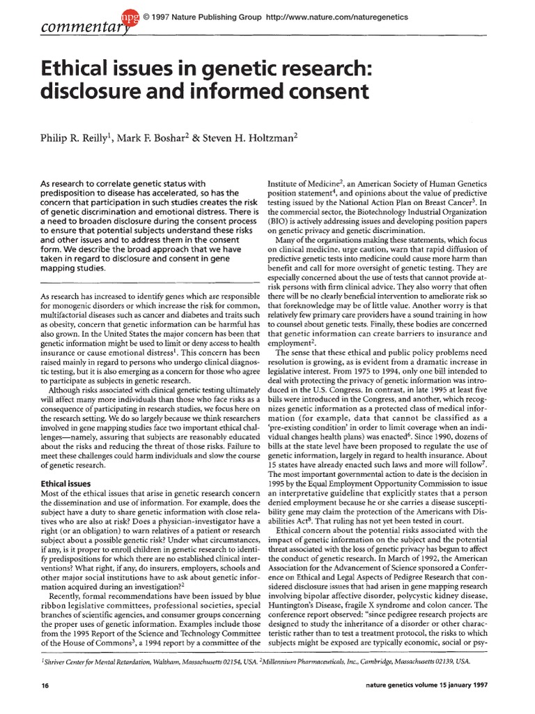 Ethical Issues in Genetic Research - Disclosure and Informed Consent | PDF