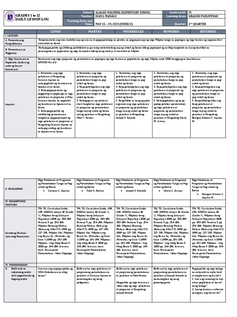 DLL - Araling Panlipunan 6 - Q4 - W3 | PDF