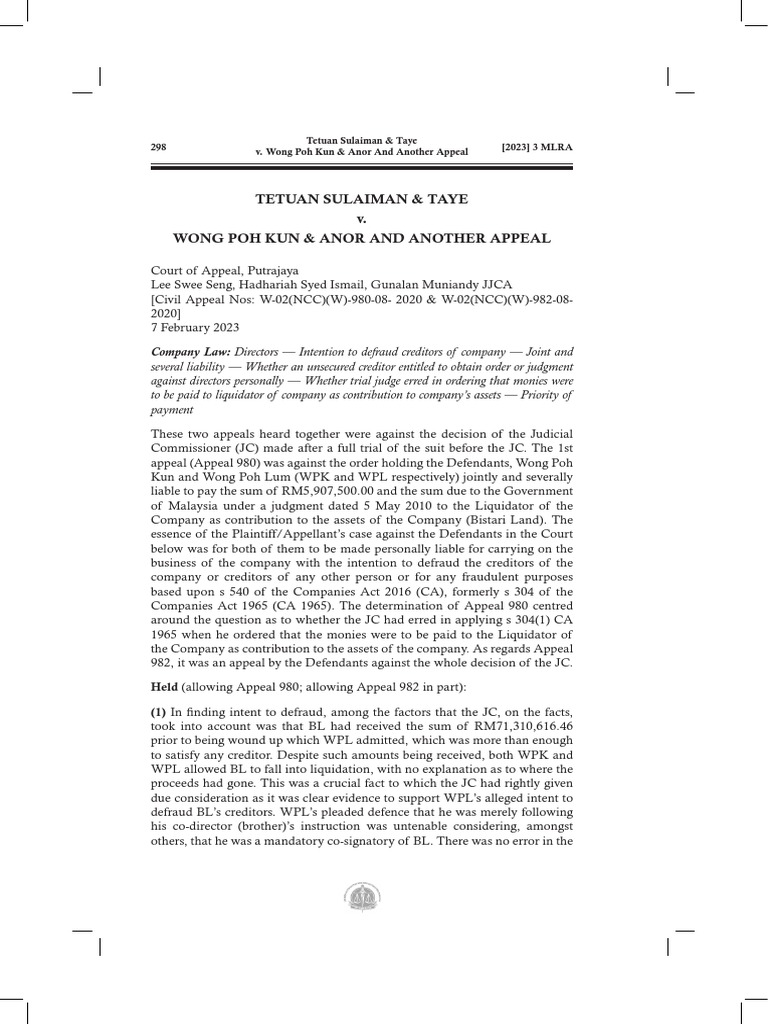 TETUAN SULAIMAN & TAYE v. WONG POH KUN & ANOR AND ANOTHER APPEAL | PDF | Lawsuit | Liquidation