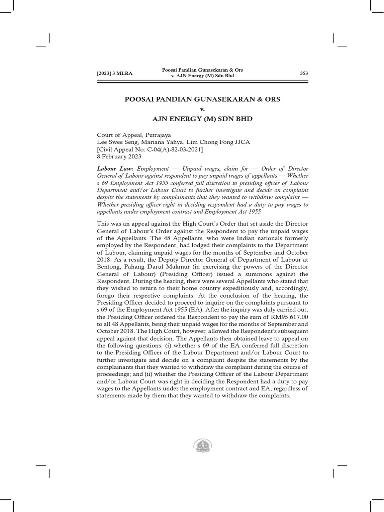 POOSAI PANDIAN GUNASEKARAN & ORS v. AJN ENERGY (M) SDN BHD | PDF