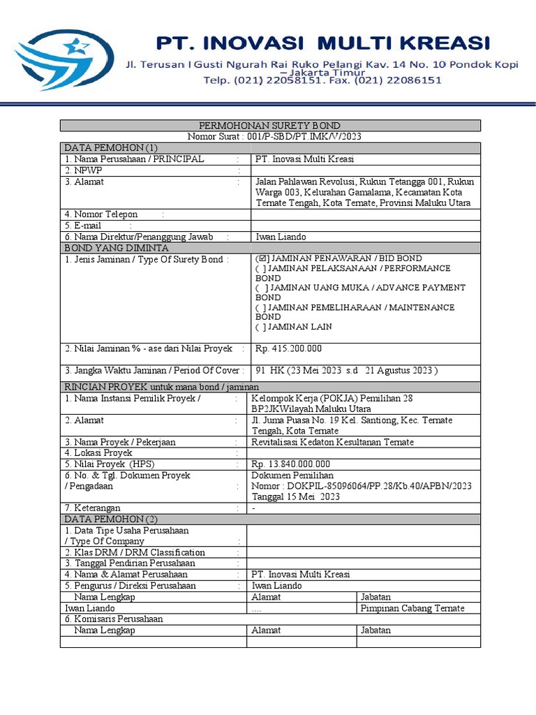 Permohonan Surety Bond Jaminan Penawaran PT Inovasi Multi Kreasi Project Ternate | PDF