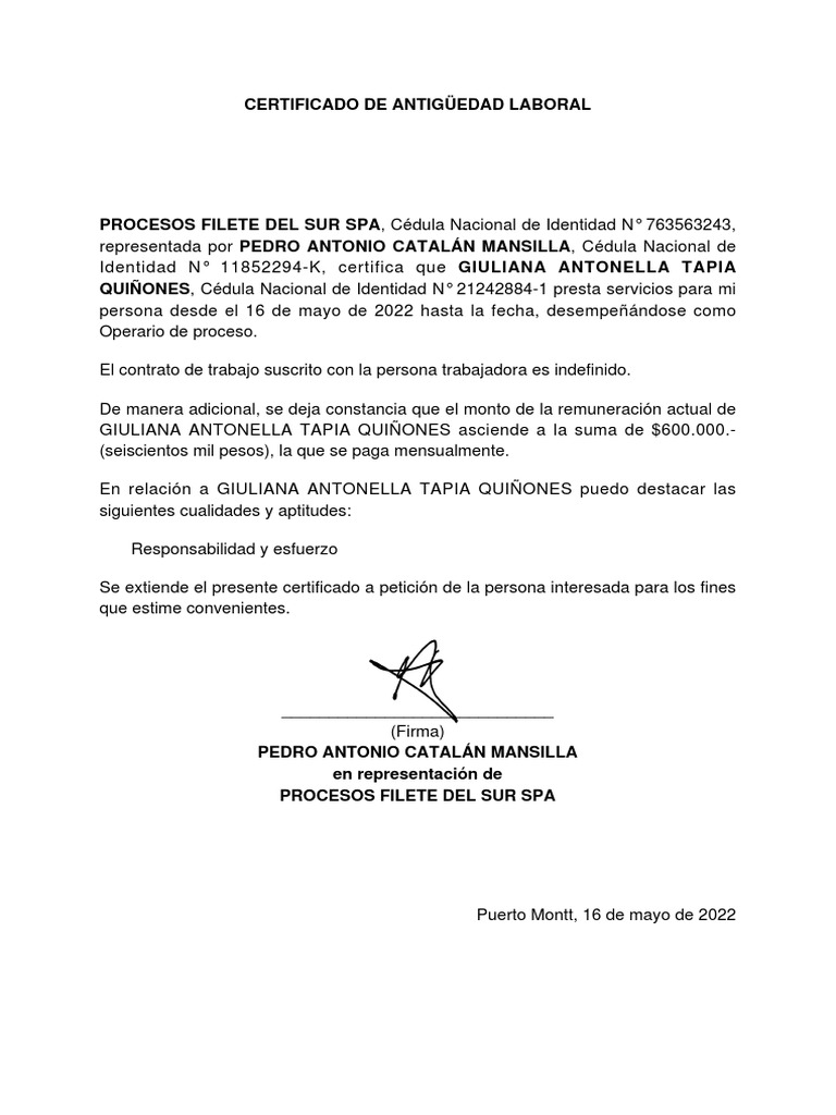 Certificado de Antiguedad Laboral | PDF