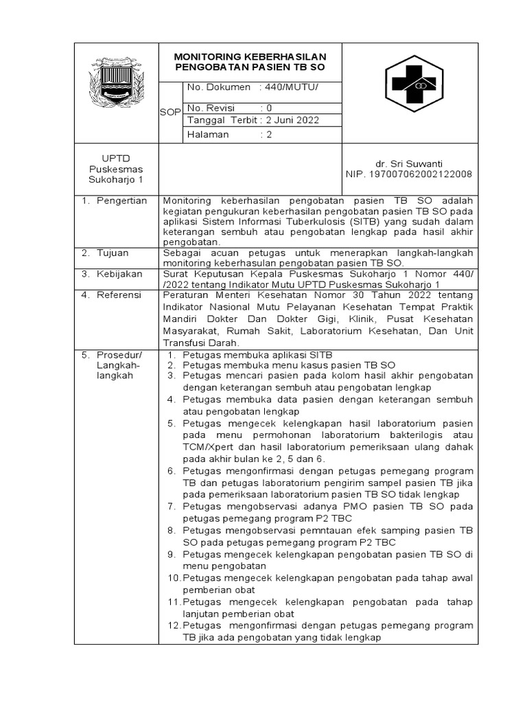 SOP MONITORING KEBERHASILAN PENGOBATAN TB SO | PDF