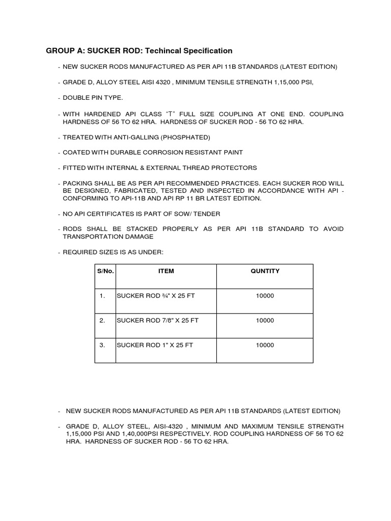 Sucker Rod 30000 Technical Specification | PDF