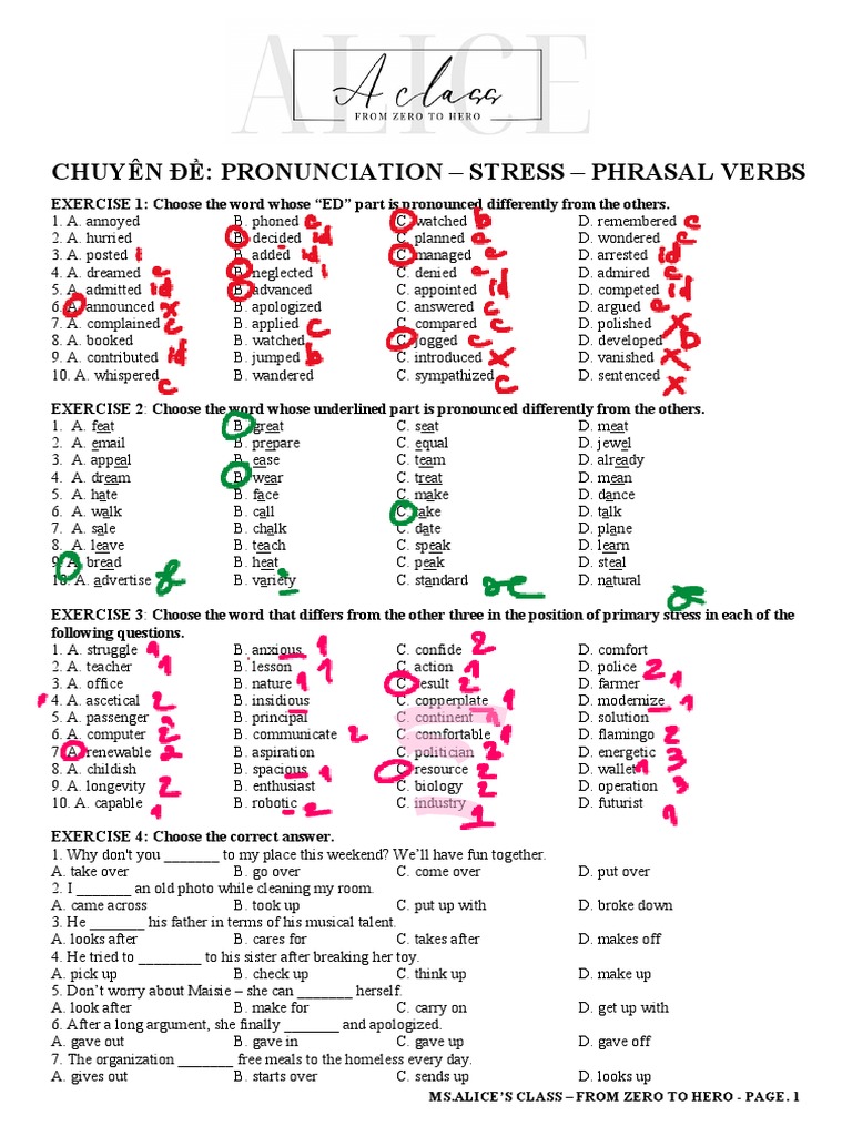 Pronunciation, Stress & Phrasal Verbs Exercises | PDF | Body Language ...