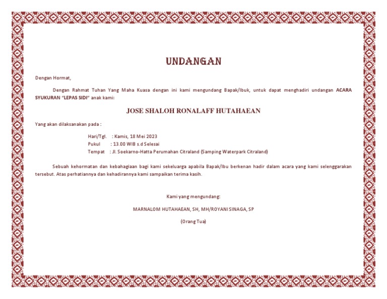 Undangan Syukuran LEPAS SIDI Jose Shaloh R.hutahaean | PDF