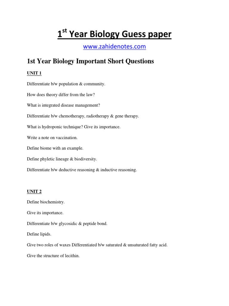 1st Year Biology Guess paper | PDF | Enzyme | Biology