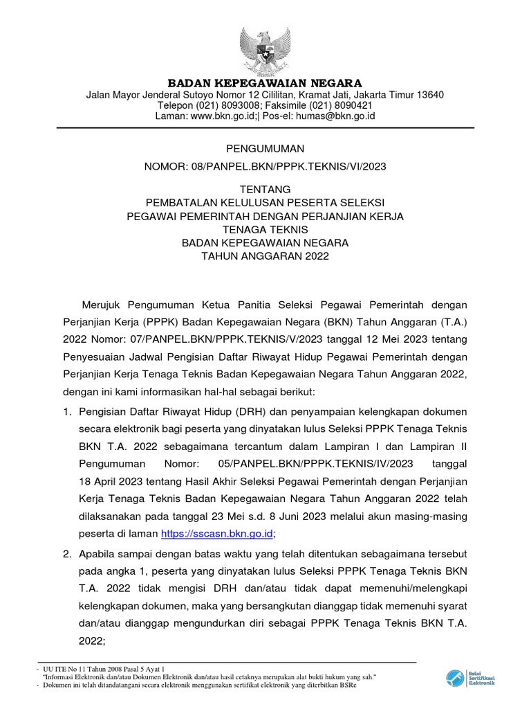 Pengumuman Pembatalan Kelulusan PPPK Teknis BKN 2022 | PDF Pengumuman Pembatalan Kelulusan PPPK Teknis BKN 2022 | PDF