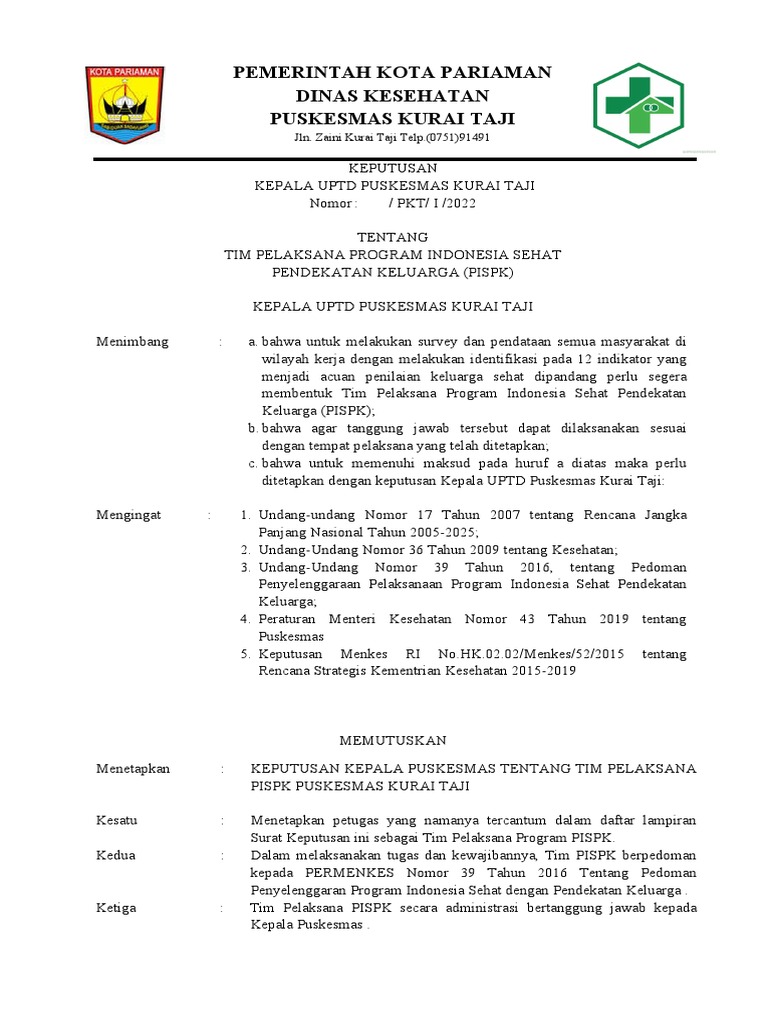 Tim Pelaksana PISPK Kurai Taji | PDF | Kesehatan Holistik