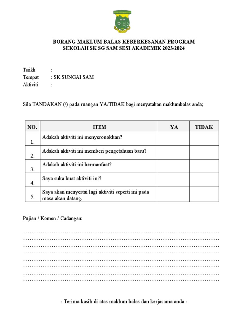 Borang Maklum Balas Keberkesanan Program - SKSS | PDF
