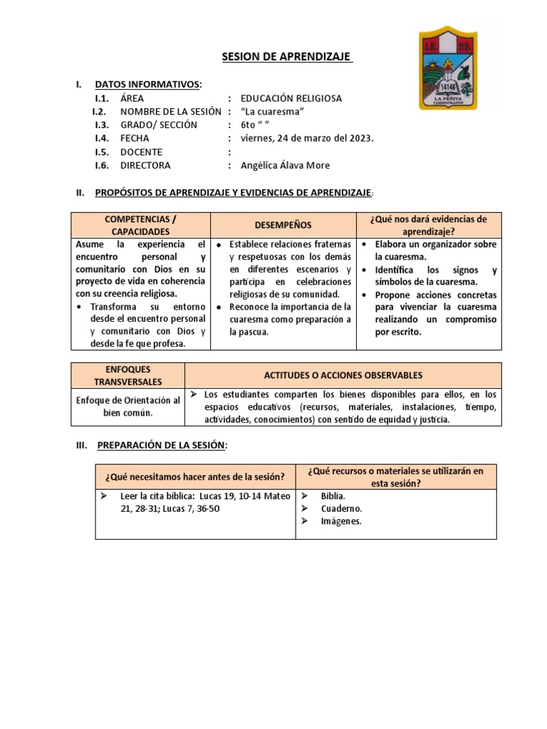 Sesión de Aprendizaje - La Cuaresma | PDF | Aprendizaje | Prestado Sesión de Aprendizaje - La Cuaresma | PDF | Aprendizaje | Prestado