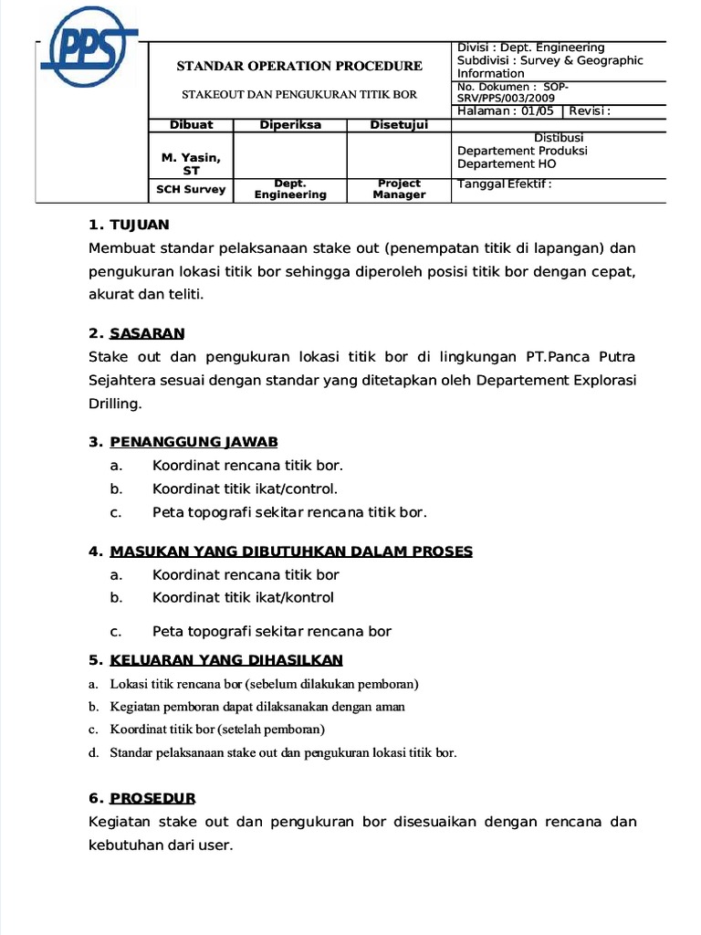 PDF srvpps0032009 Sop Stakeout Dan Pengukuran Lokasi Titik Bor Done - Compress | PDF