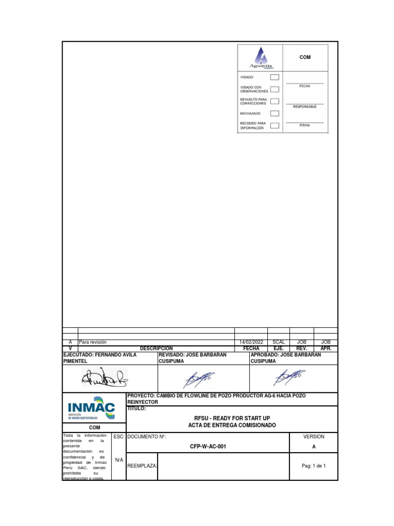 CFP-W-AC-001 Acta de Entrega Comisionado Rev. A | PDF