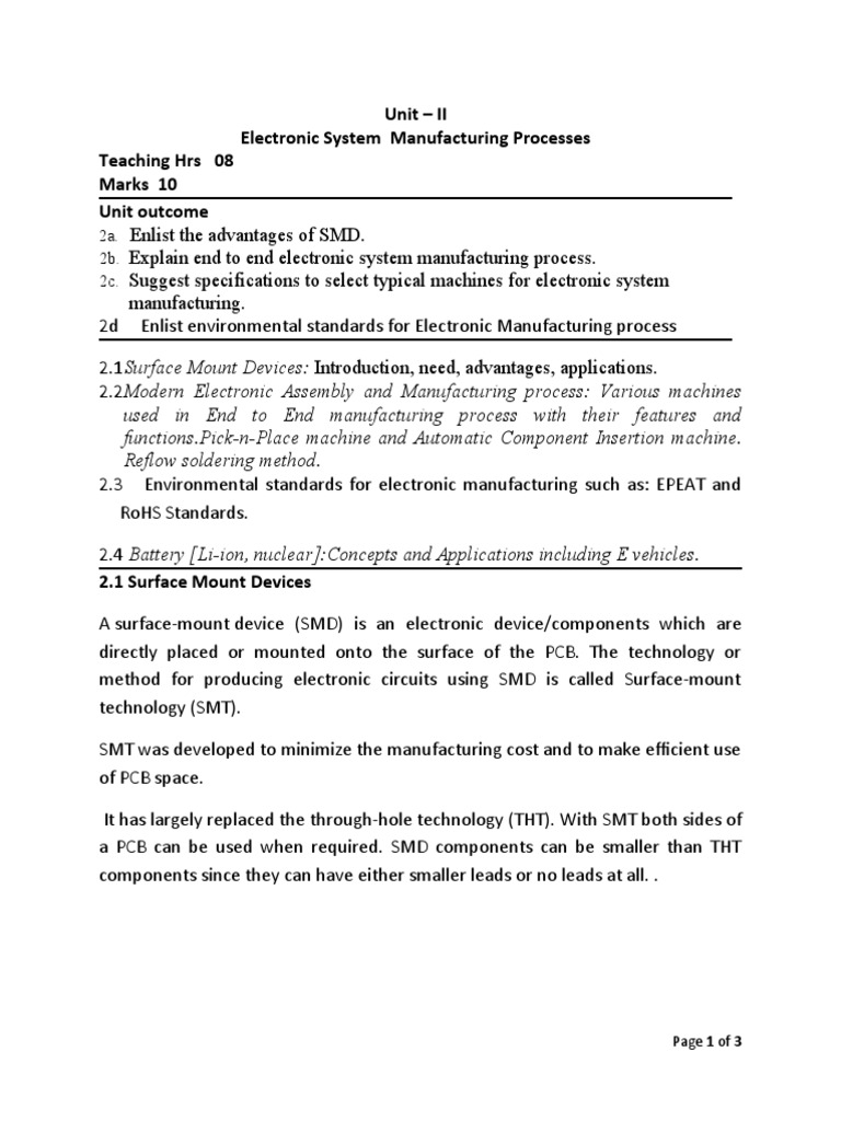 Unit - II Electronic System Manufacturing Processes Teaching Hrs 08 ...