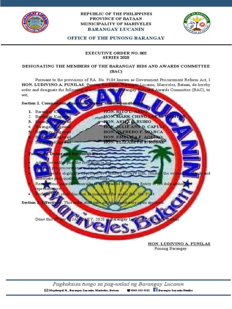 Barangay Lucanin BAC Executive Order | PDF
