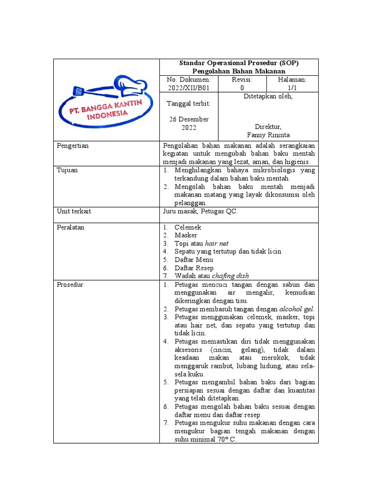 SOP Pengolahan Bahan Makanan | PDF
