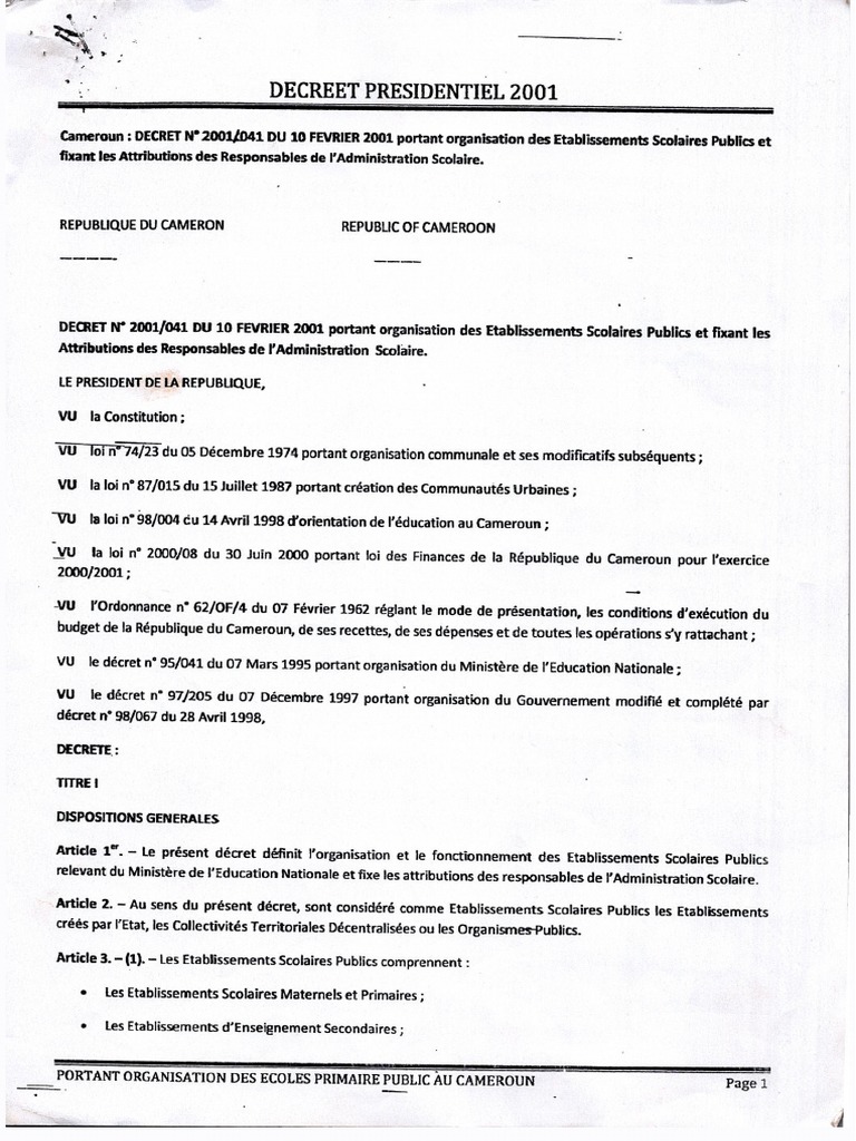 Decret Presidentiel N 2001 041 Du 10 Fev 2001 Portant Organisation Des ...