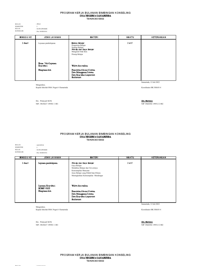 Program Kerja Bulanan Xi-1 | PDF