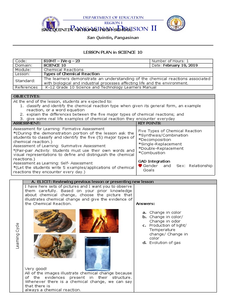 7e Lesson Plan in Types of Chemical Reaction Final PDF Free | Download Free PDF | Educational ...