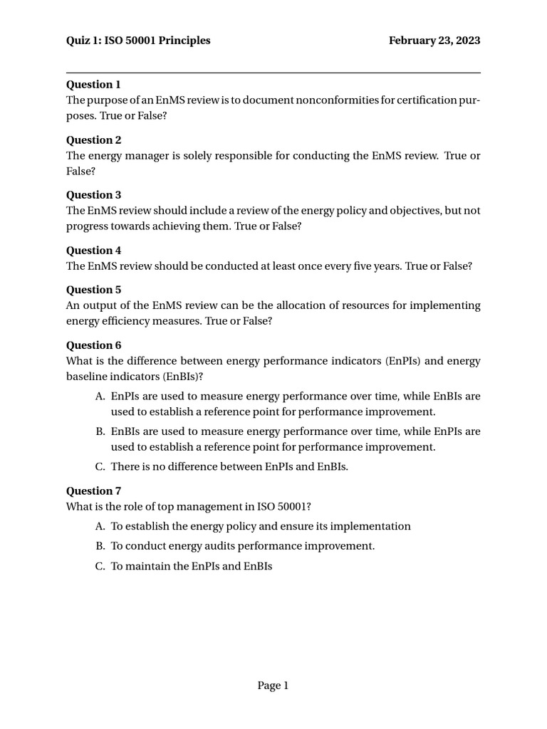 Quiz 1 - ISO 50001 Principles | PDF