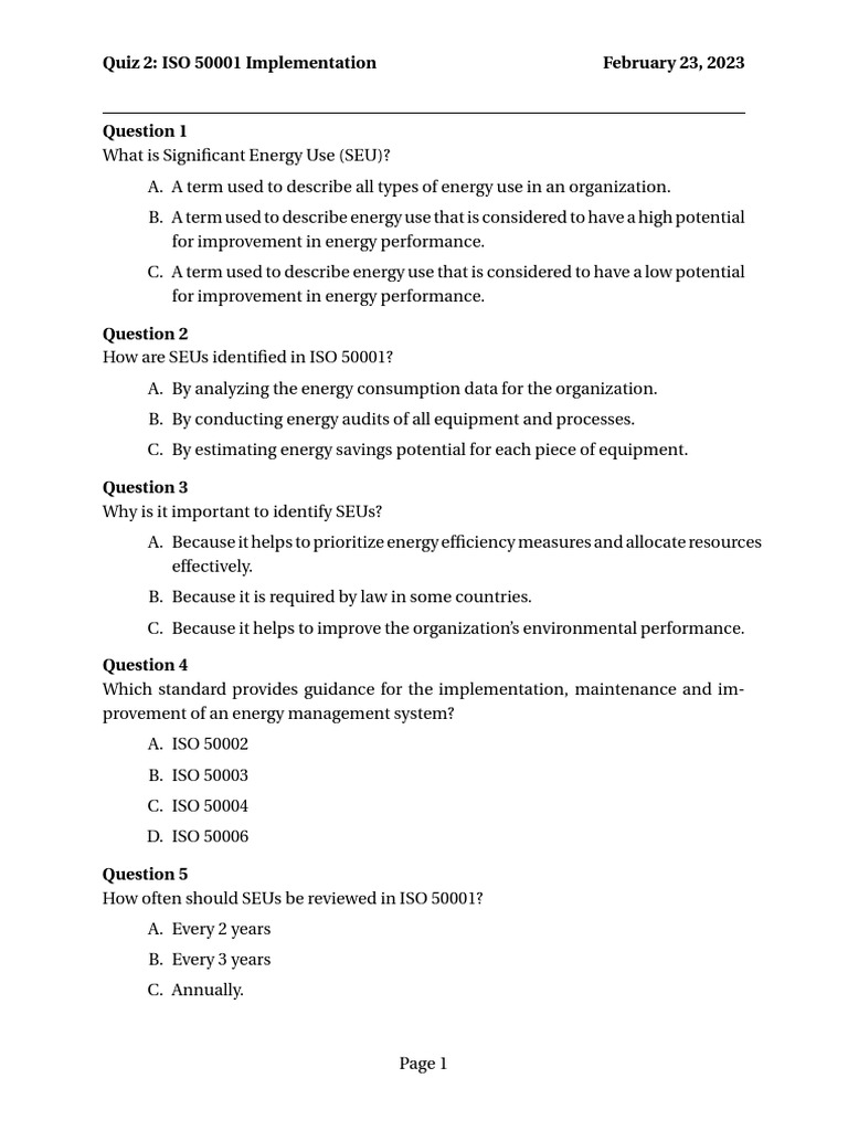 Quiz 2 - ISO 50001 Implentation | PDF | Energy Management | Energy ...