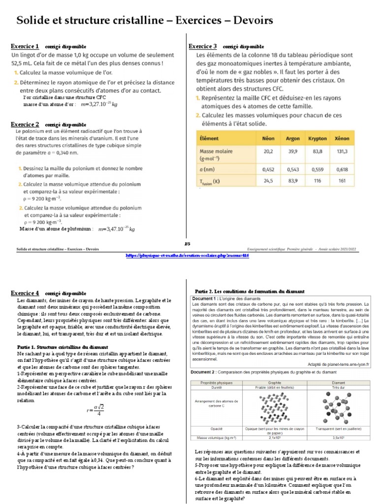 Exercices sur solides et structures cristallines | PDF | Dioxyde de ...