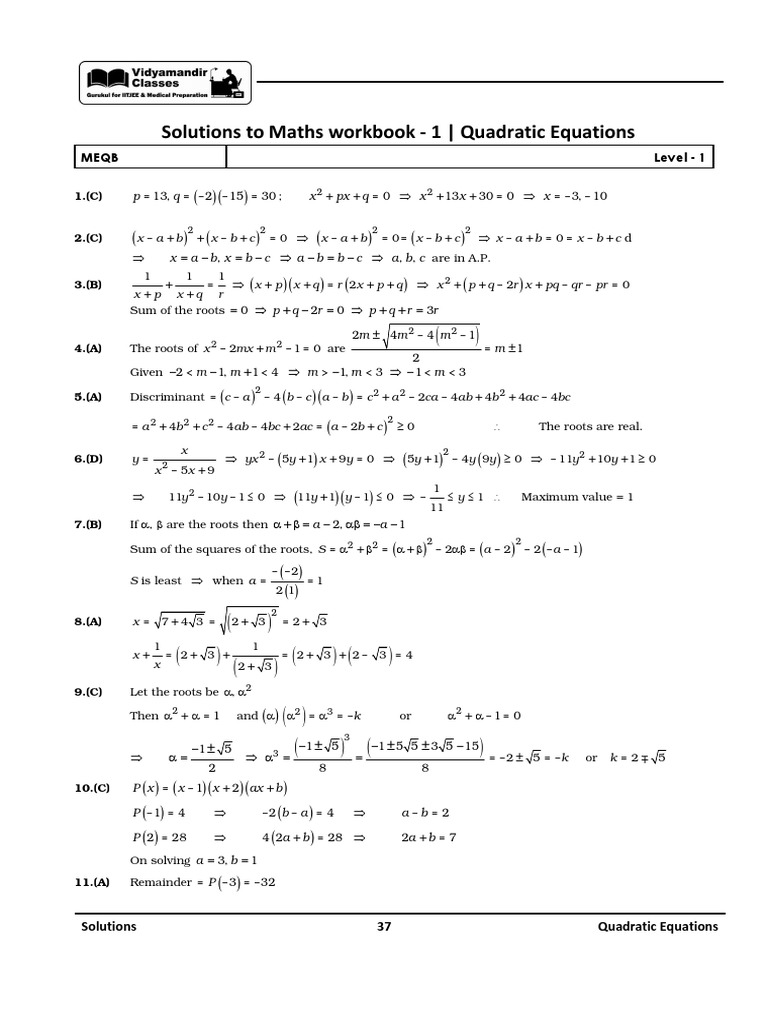 Quadratic Equation Solution Miscellaneous Question Bank | PDF ...