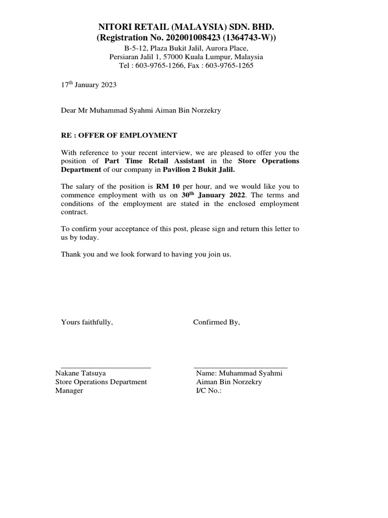 Job Offer Letter - MR Muhammad Syahmi | PDF
