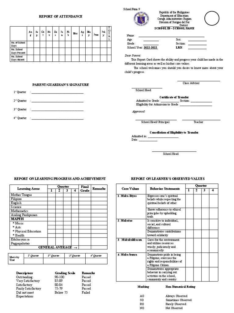 School Form 9 For Grades I III | PDF