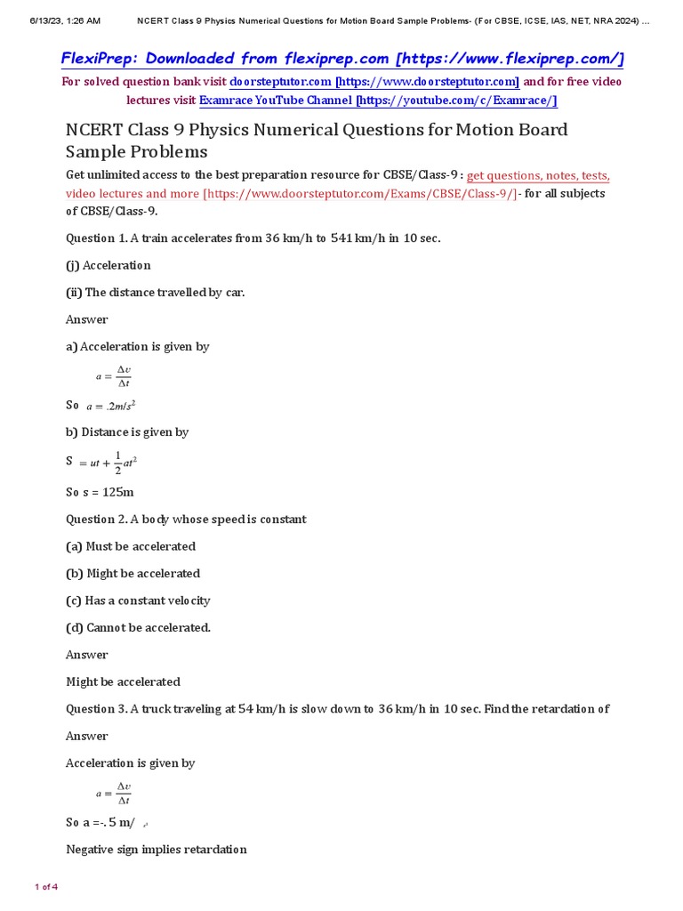 NCERT-Class-9-Physics-Numerical-Questions-for-Motion-CBSE-Board-Sample-Problems | PDF