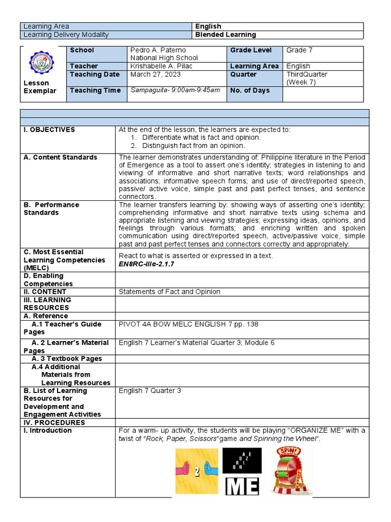 COT 1 3rd Quarter Lesson Exemplar ENG 7 | PDF | Learning | English Language