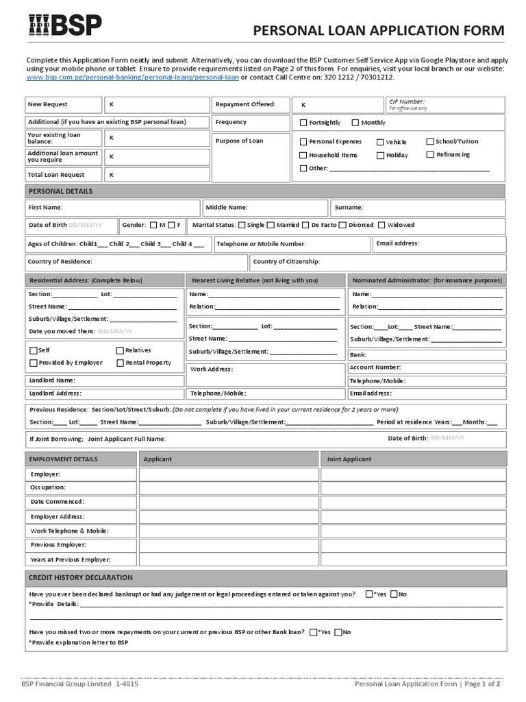 BSP Personal Loan Application Form | PDF