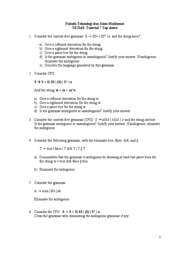 TK3163 Tutorial 7 TK3163 2023 Top-Down | Download Free PDF | Parsing | Mathematical Logic