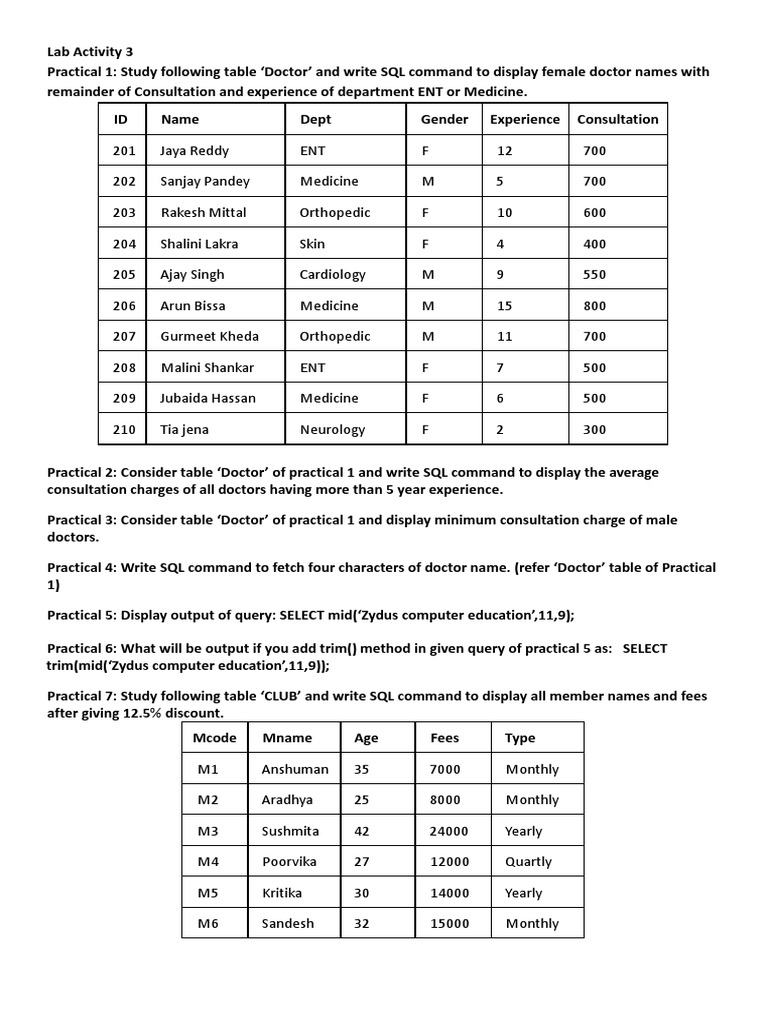 XII IP Practical 2023 Sql-Lab-3 | PDF