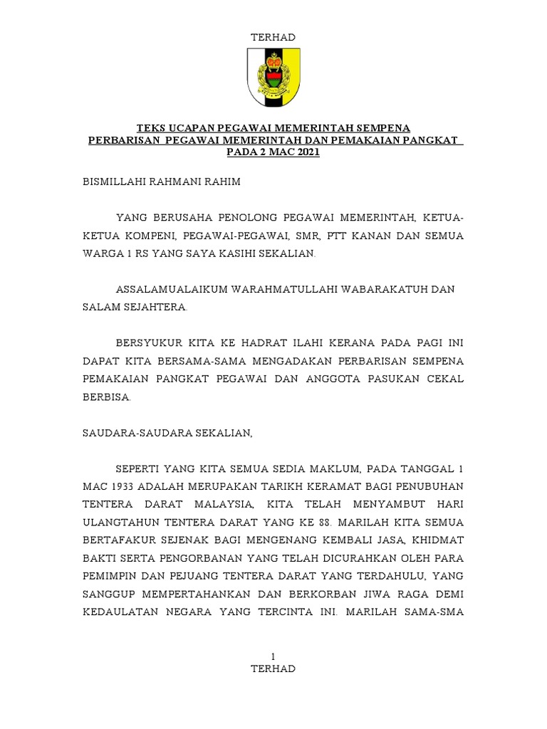 Teks Ucapan Sempena Pemakaian Pangkat Pada 2 Mac 21 | PDF