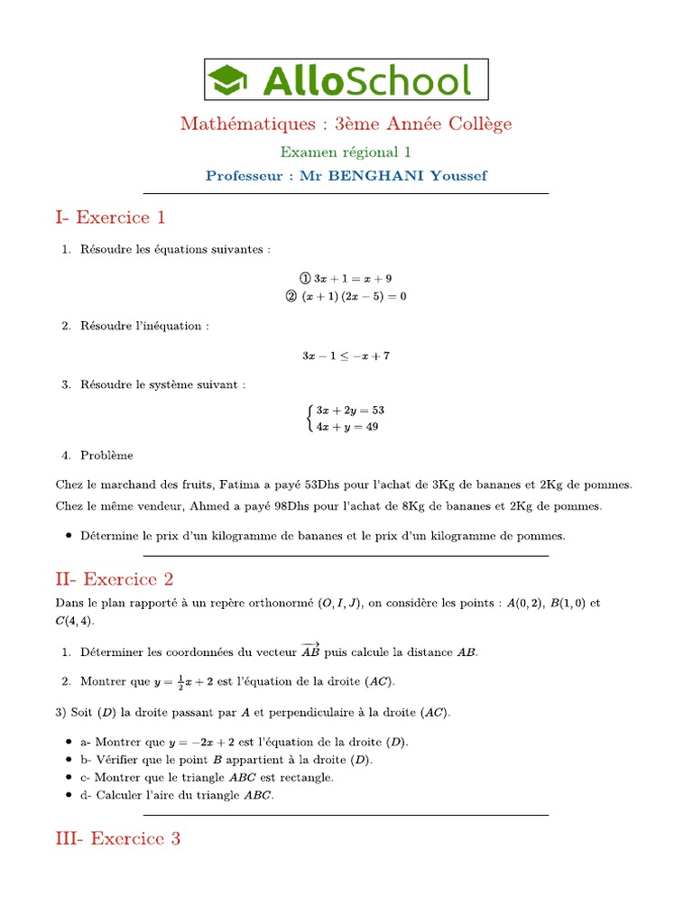 Maths 3ac Examen Regional 1 1 | PDF