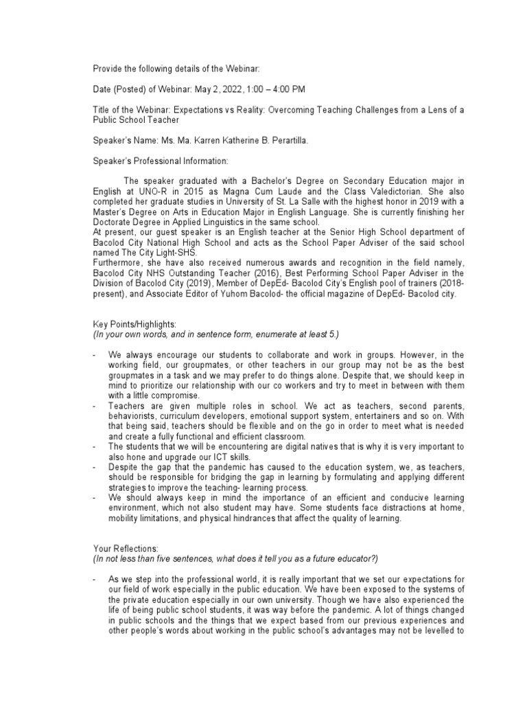 Reflection on Webinar_ Expectations vs Reality Overcoming Teaching ...