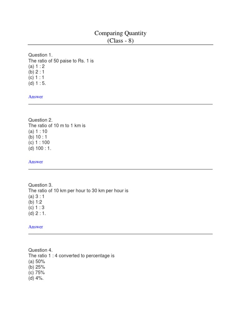 MCQ-Comparing Quantity | PDF | Ratio | Percentage