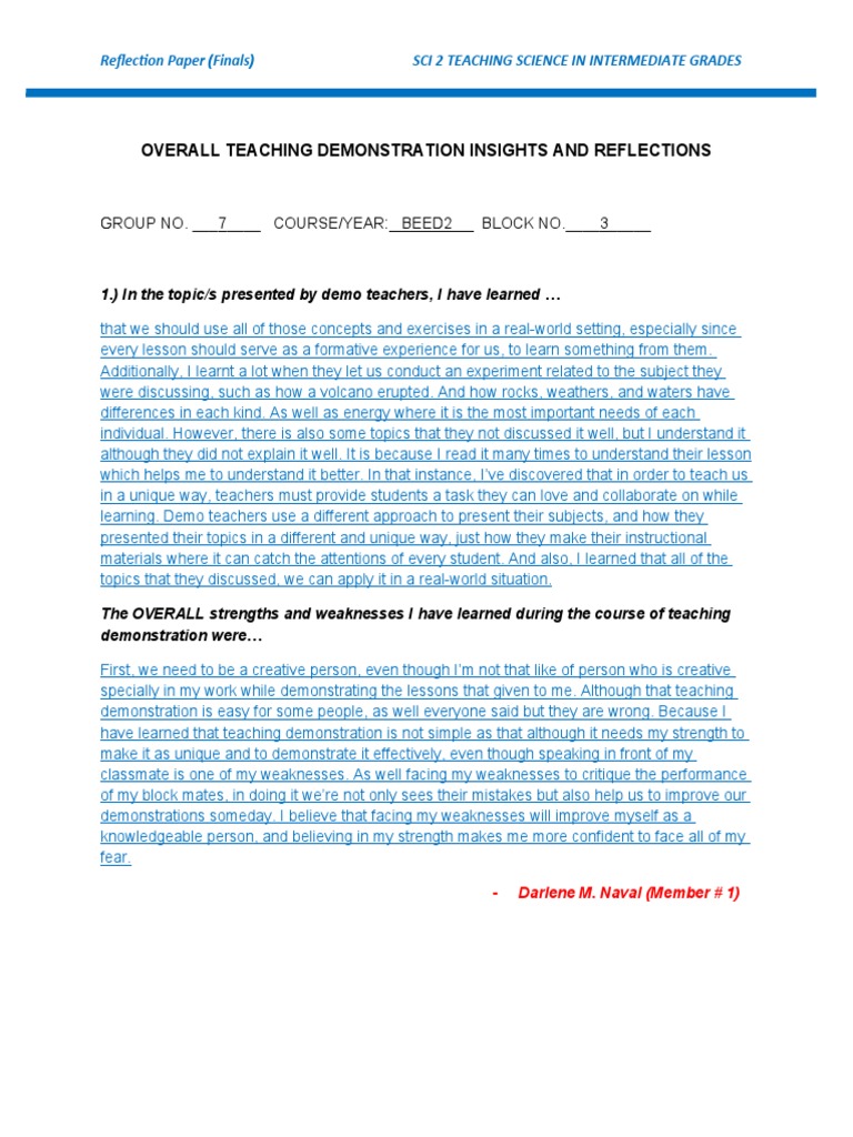 Teaching Demo Overall Insights and Reflections | PDF | Teachers | Learning