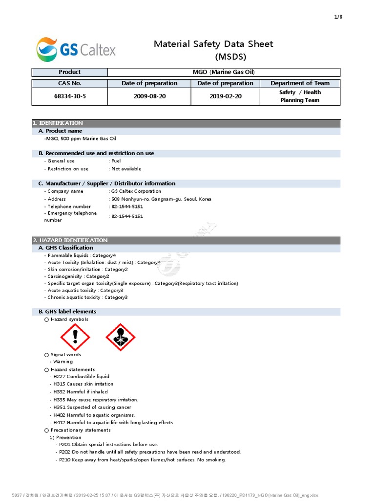 Gas Oil 500 PPM MSDS | Download Free PDF | Dangerous Goods | Toxicity